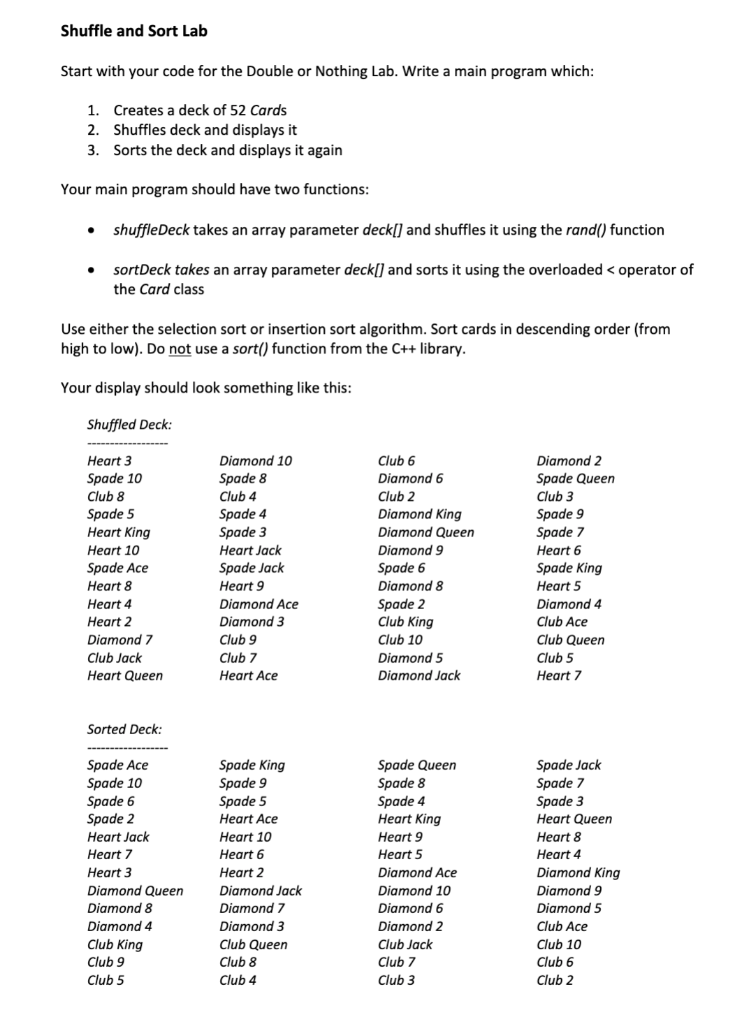 Shuffle and Sort Lab Start with your code for the | Chegg.com