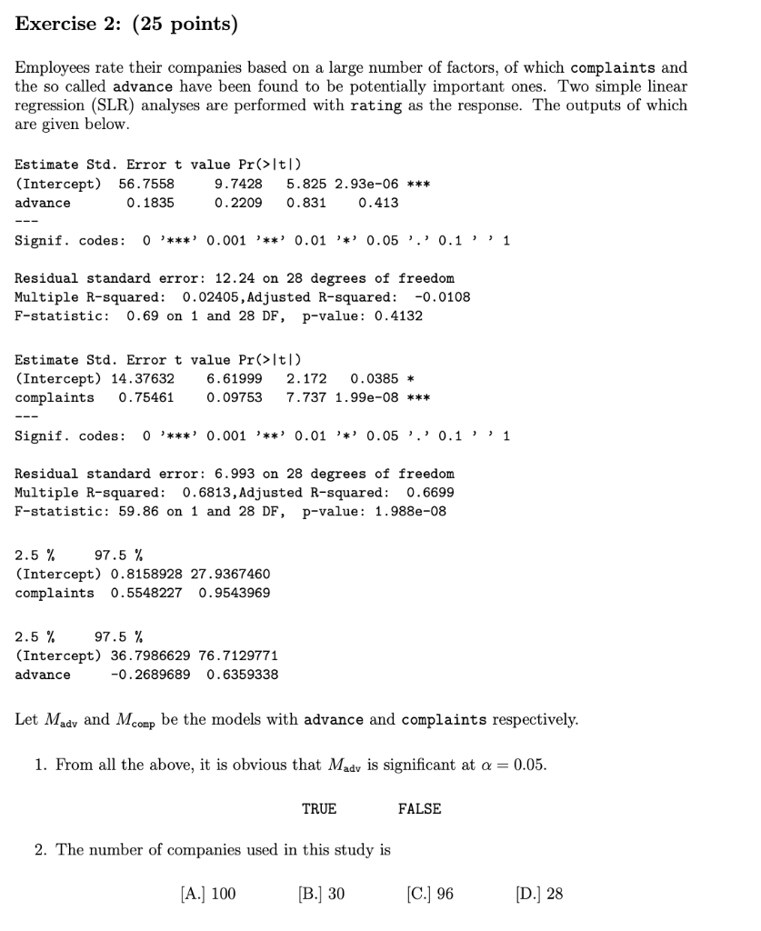 Solved Exercise 2: (25 points) Employees rate their | Chegg.com