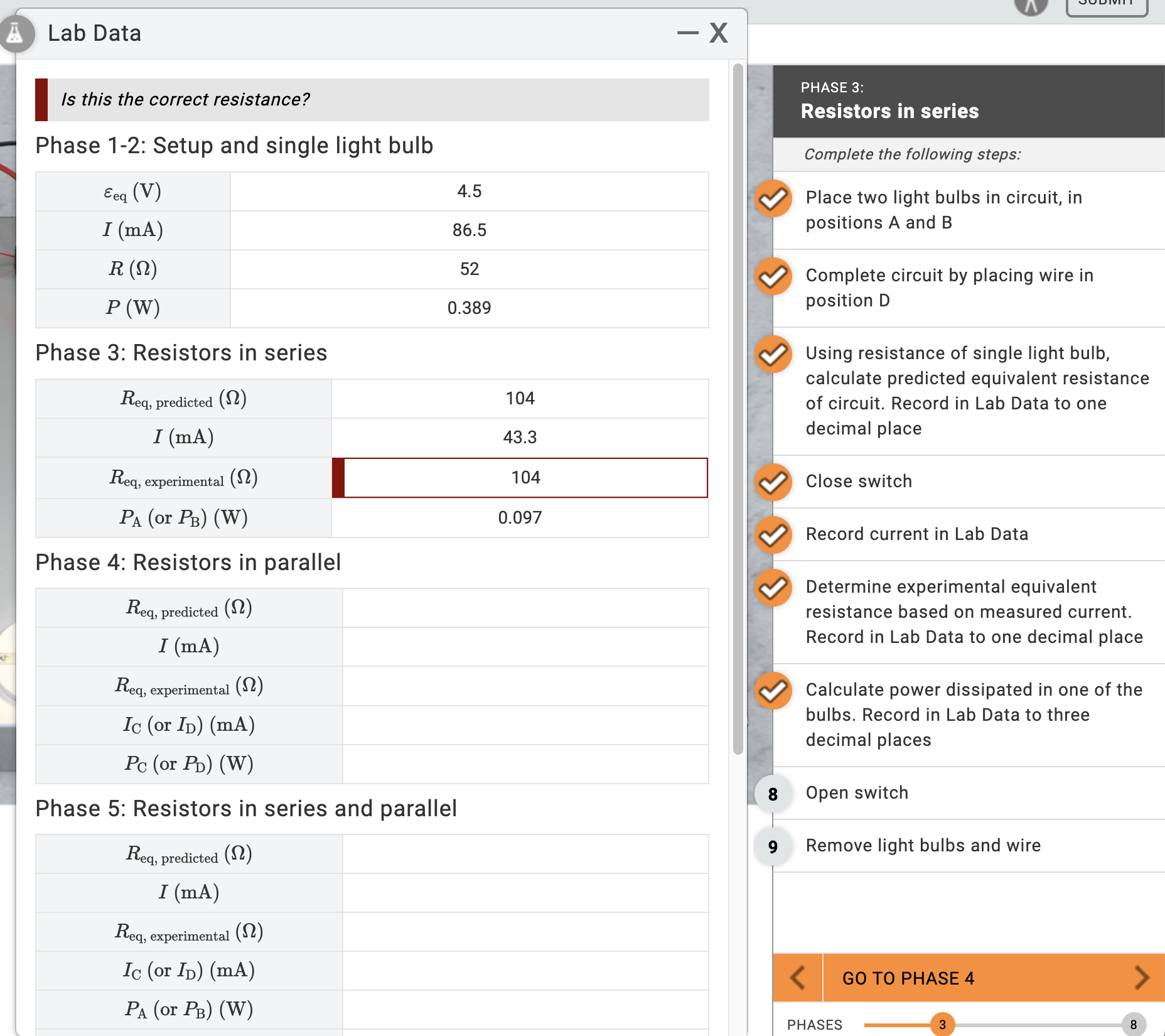 Solved Determine Experimental Equivalent Resistance Based On 