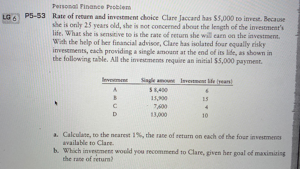 Solved Personal Finance Problem P5-53 Rate of return and | Chegg.com