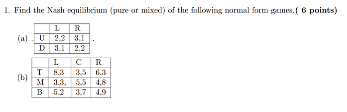 Solved 1. Find the Nash equilibrium (pure or mixed) of the | Chegg.com