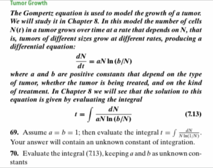 Solved Tumor Growth The Gompertz equation is used to model | Chegg.com
