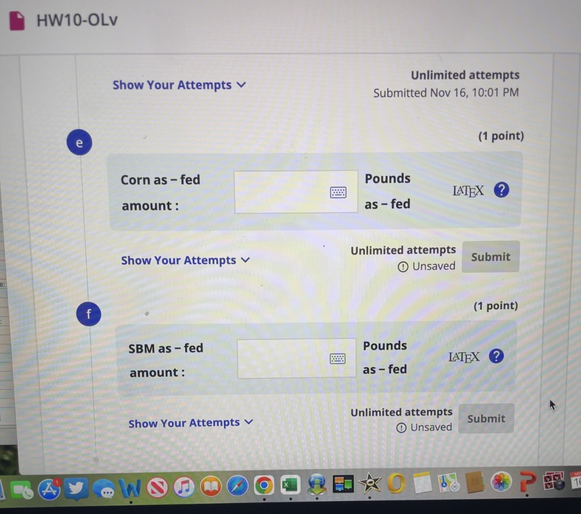 Solved HW10 ANSC 221 Ration Balancing on Amount of | Chegg.com