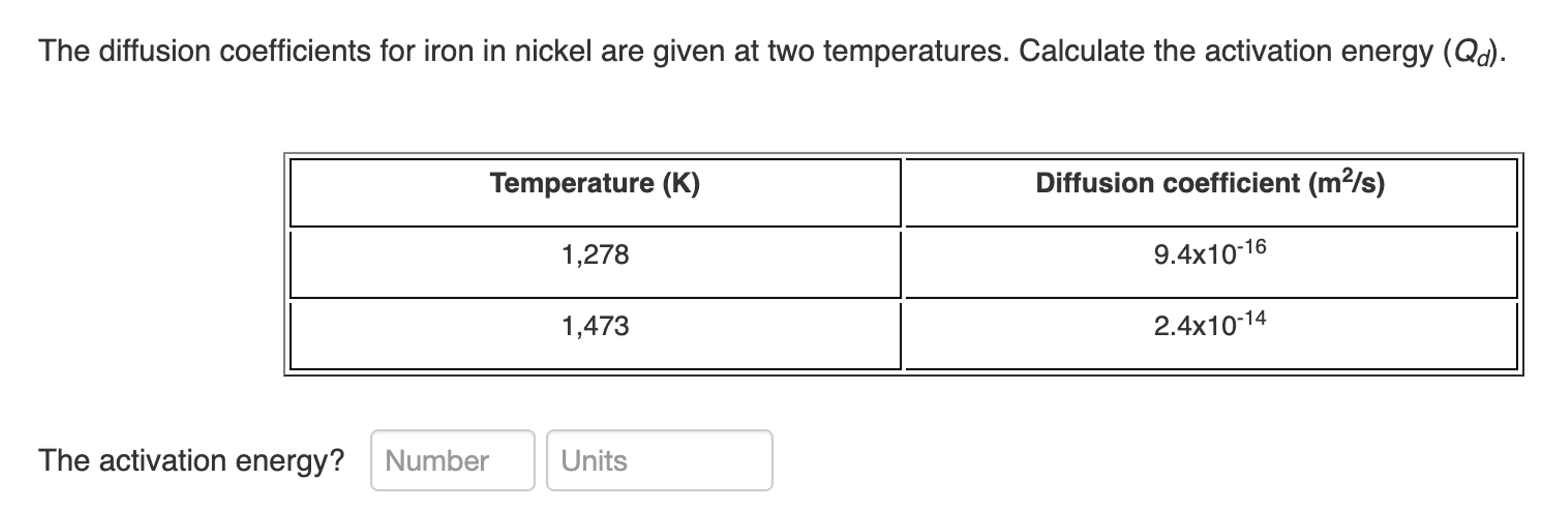The diffusion coefficients for iron in nickel are | Chegg.com