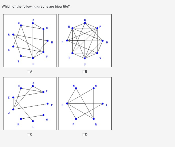 Solved Which of the following graphs are bipartite?ACBD | Chegg.com