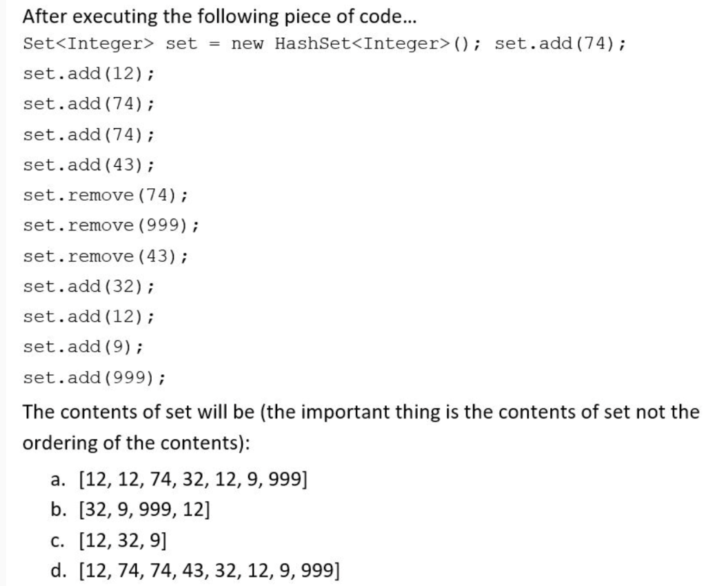 Solved After executing the following piece of code... Set | Chegg.com