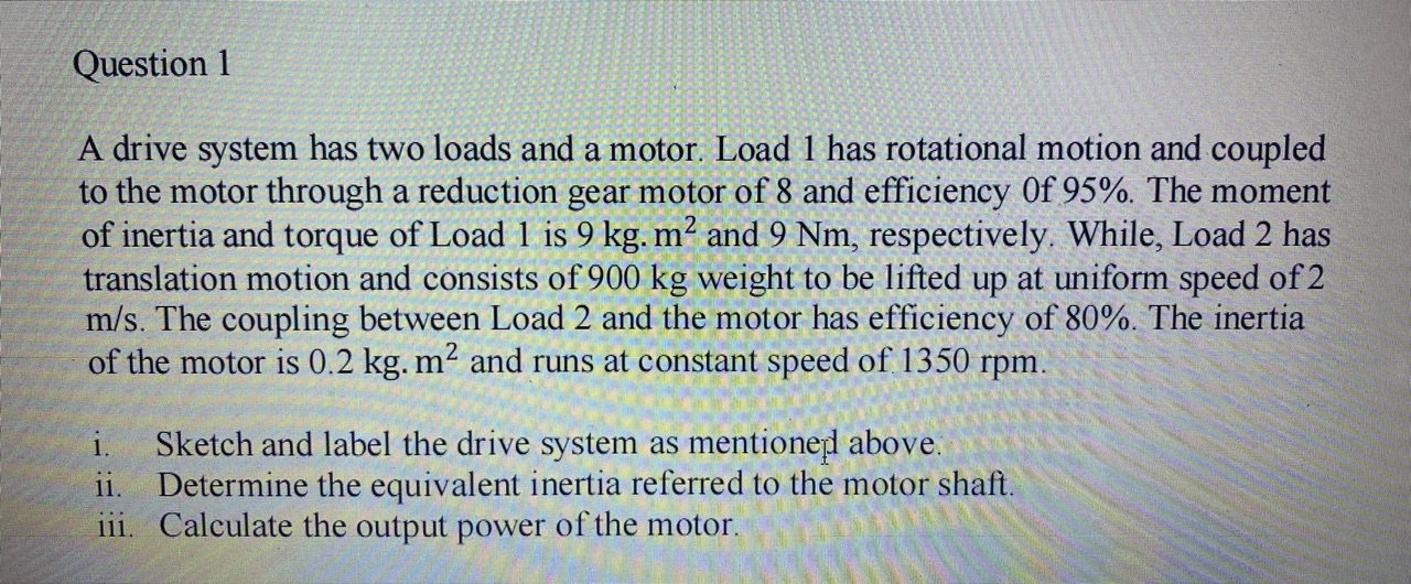 Solved A drive system has two loads and a motor. Load 1 has | Chegg.com