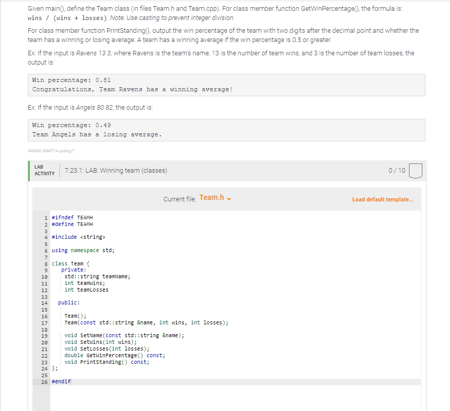 Solved Given main(), define the Team class (in files Team.h | Chegg.com