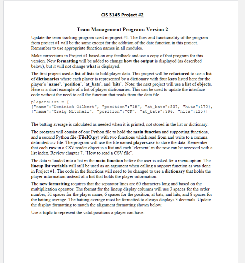 Solved CIS 3145 ﻿Project \#2Team Management Program: Version | Chegg.com