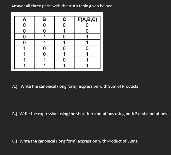 Solved Answer all three parts with the truth table given | Chegg.com