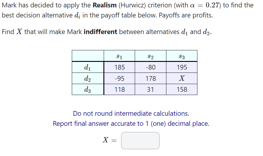 Solved Mark has decided to apply the Realism (Hurwicz) | Chegg.com