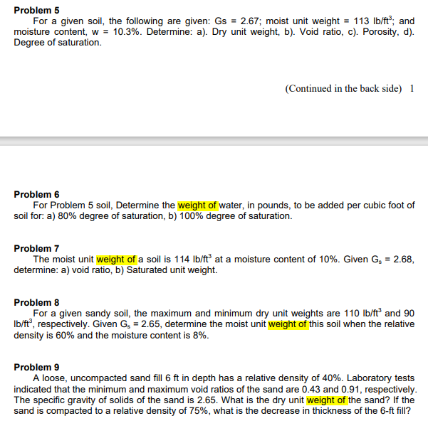 Solved Problem 5 For a given soil, the following are given: | Chegg.com