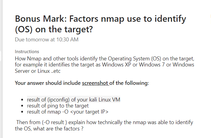 Solved Bonus Mark: Factors nmap use to identify (OS) on the | Chegg.com