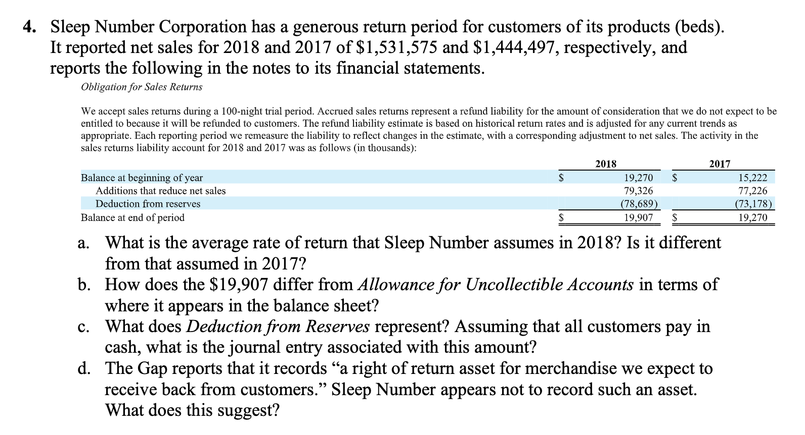 Solved Sleep Number Corporation has a generous return period | Chegg.com