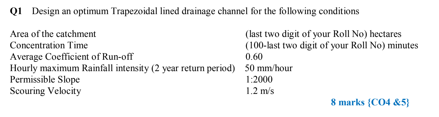 Solved Q1 Design an optimum Trapezoidal lined drainage | Chegg.com