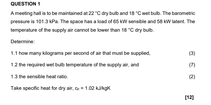Solved A meeting hall is to be maintained at 22∘C dry bulb | Chegg.com