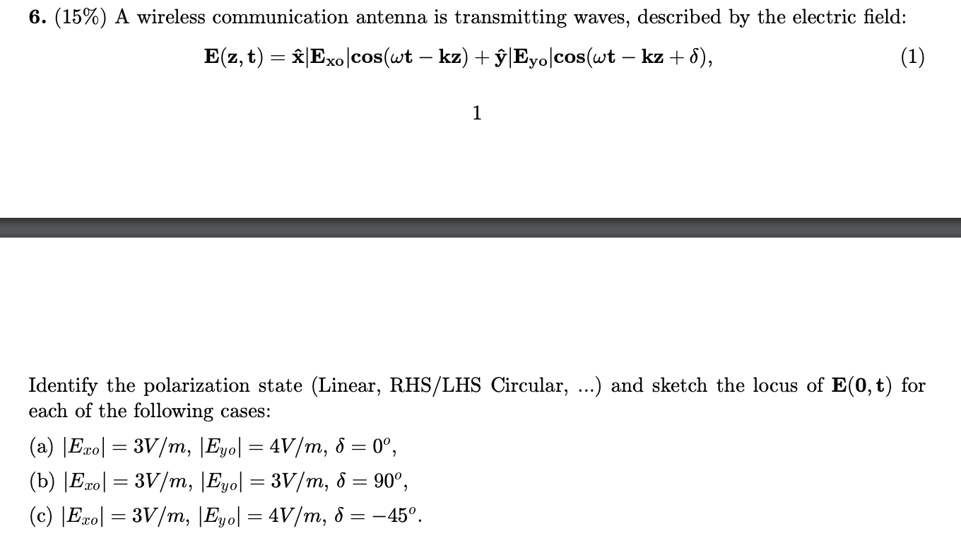 Solved E(z,t)=x^∣Exo∣cos(ωt−kz)+y^∣Eyo∣cos(ωt−kz+δ) 1 | Chegg.com