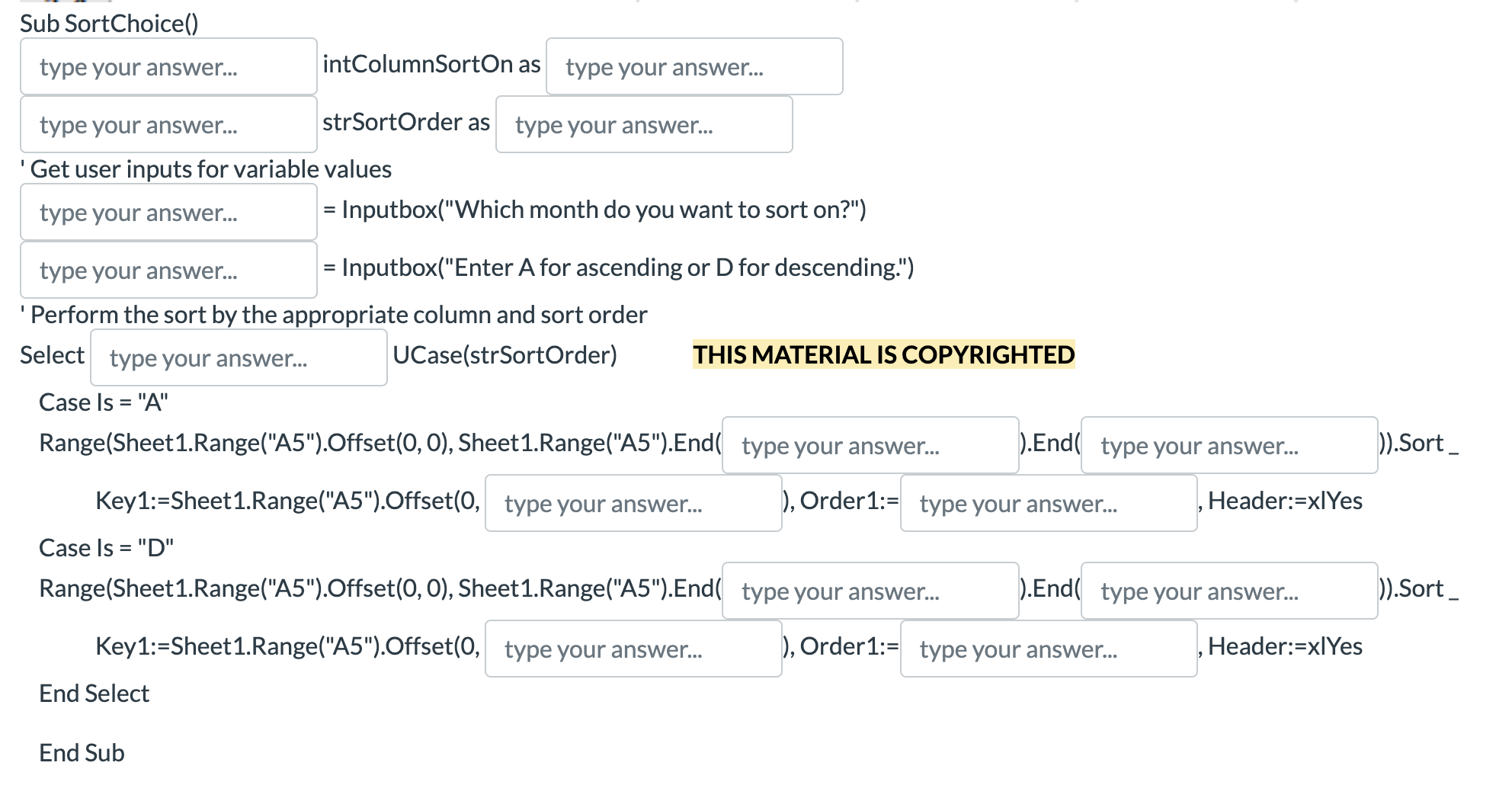Solved Sub SortChoice()type your answer...intColumnSortOn | Chegg.com