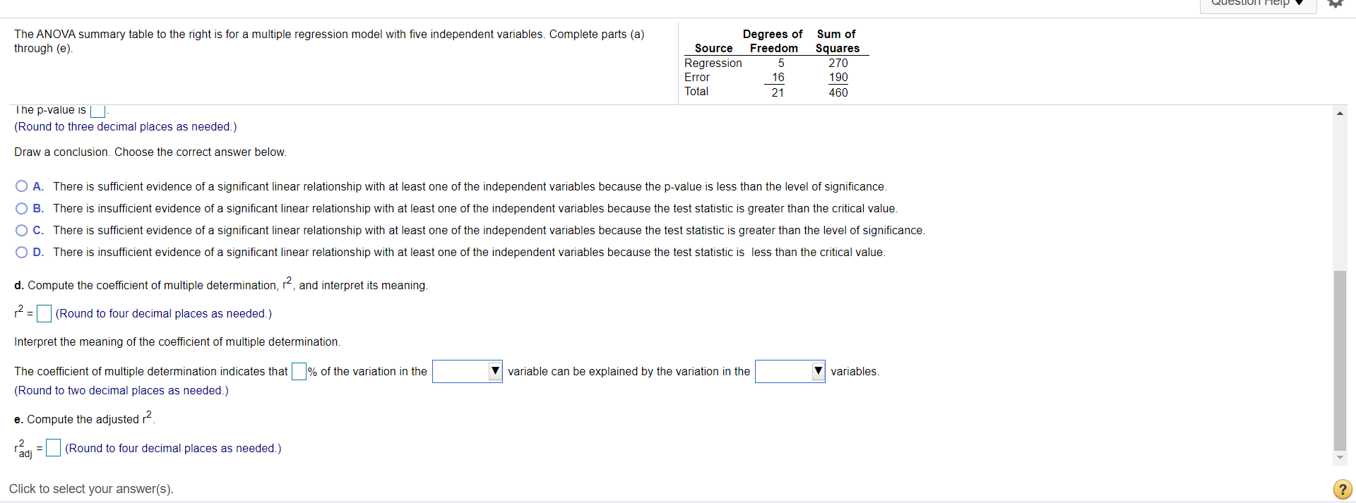 Solved Question Help The ANOVA summary table to the right is | Chegg.com
