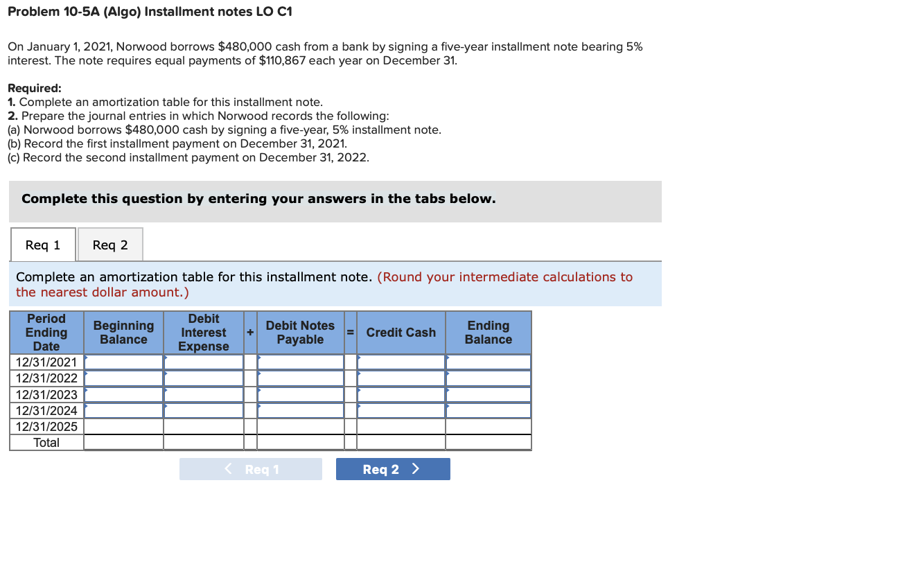 Solved Problem 10-5A (Algo) Installment notes LO C1 On | Chegg.com