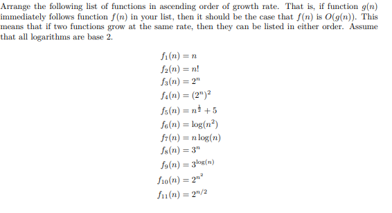 Solved Arrange the following list of functions in ascending | Chegg.com