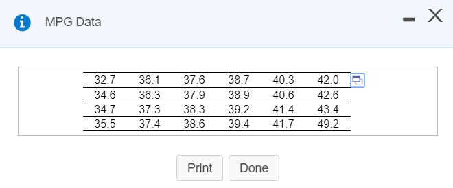 Solved MPG Data 32.7 36.1 37.6 38.7 40.3 42.0 34.6 36.3 37.9 | Chegg.com