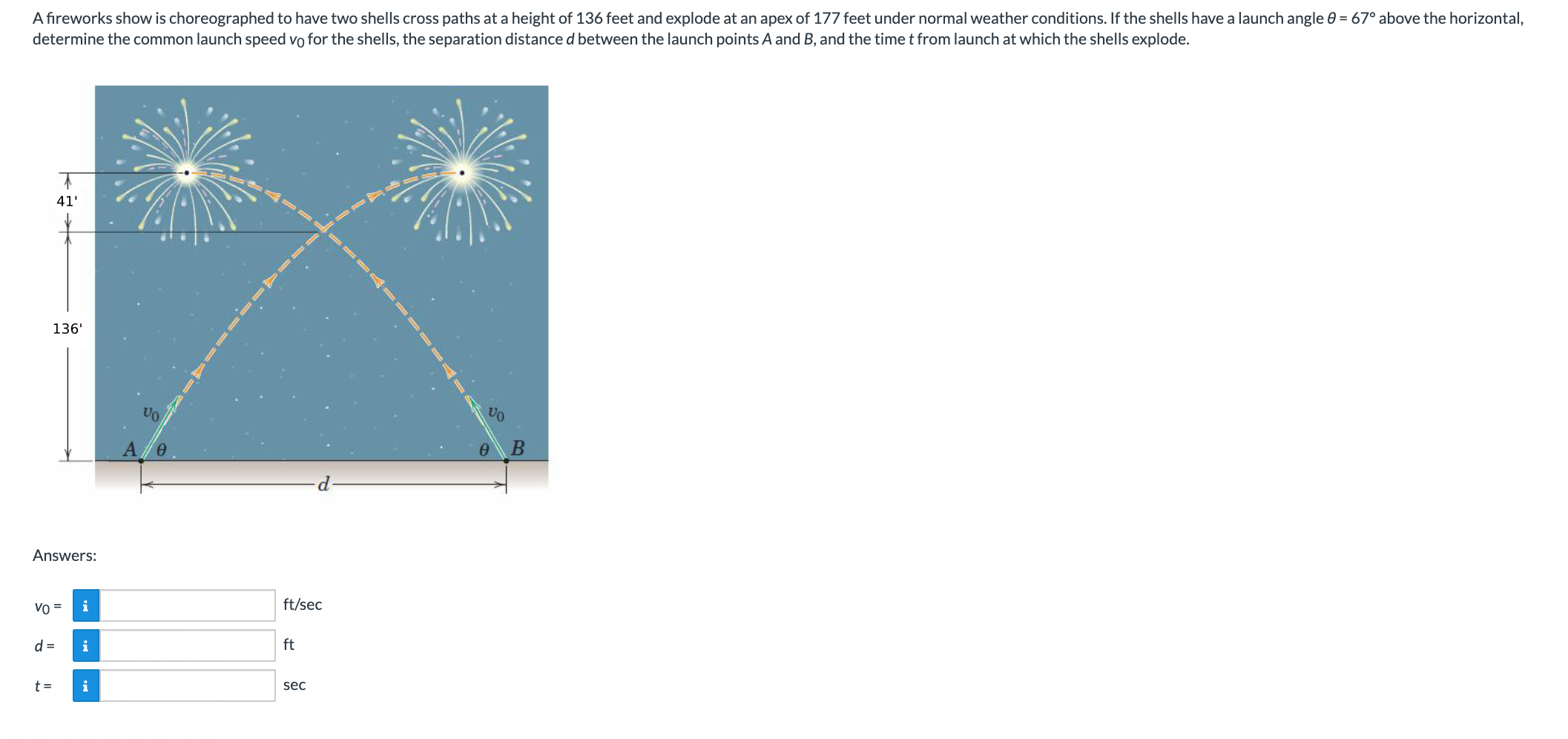 Solved = 67° above the horizontal, A fireworks show is | Chegg.com