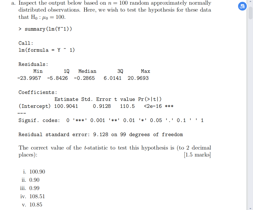Solved Inspect the output below based on n=100 random | Chegg.com