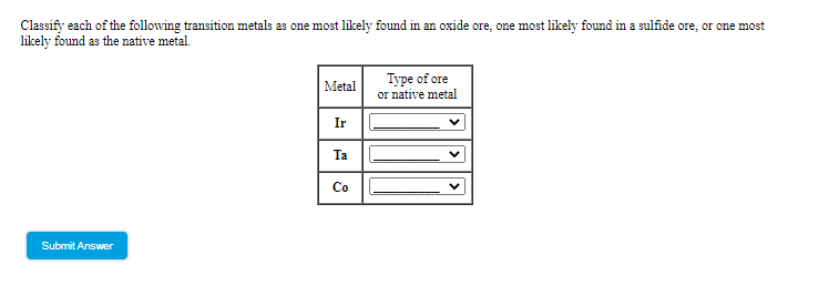 Solved 1) Match each of the following transition metals to | Chegg.com