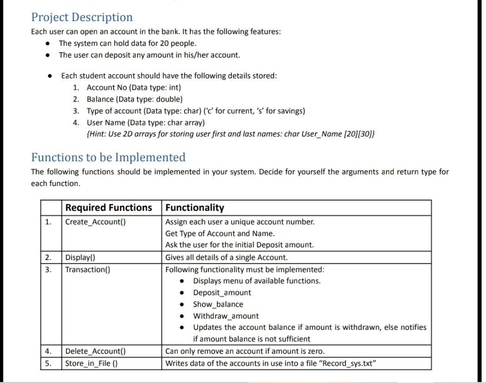 Solved Project Description Each user can open an account in | Chegg.com