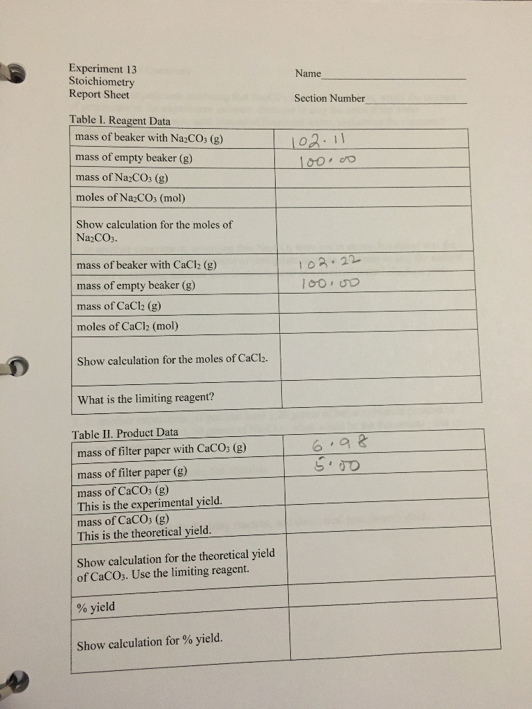 Solved Name Experiment 13 Stoichiometry Report Sheet Section | Chegg.com