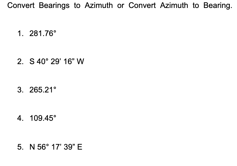 Solved Convert Bearings to Azimuth or Convert Azimuth to | Chegg.com