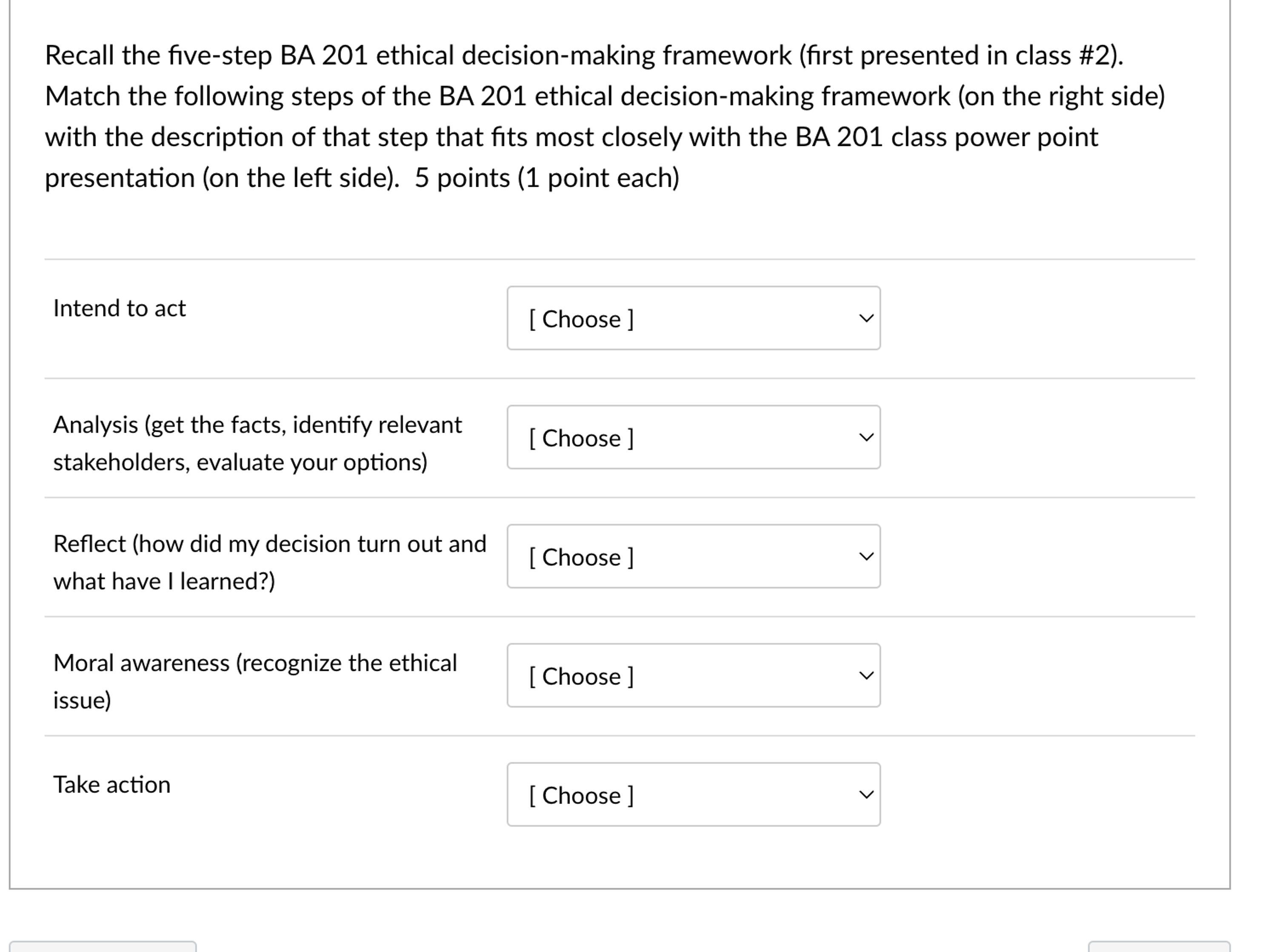 Solved Recall the five-step BA 201 ﻿ethical decision-making | Chegg.com