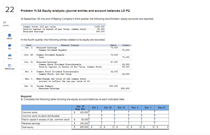 Solved Problem 11-3A Equity analysis-journal entries and | Chegg.com