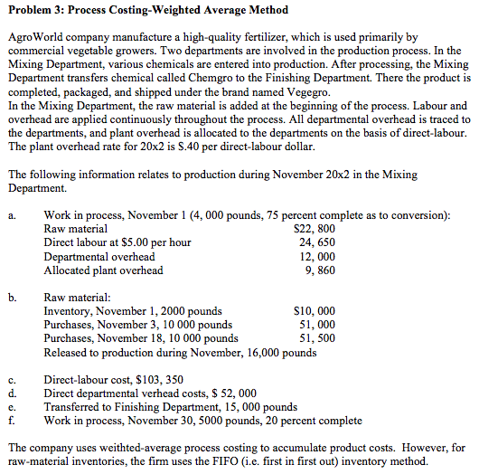 Solved Problem 3: Process Costing-Weighted Average Method | Chegg.com