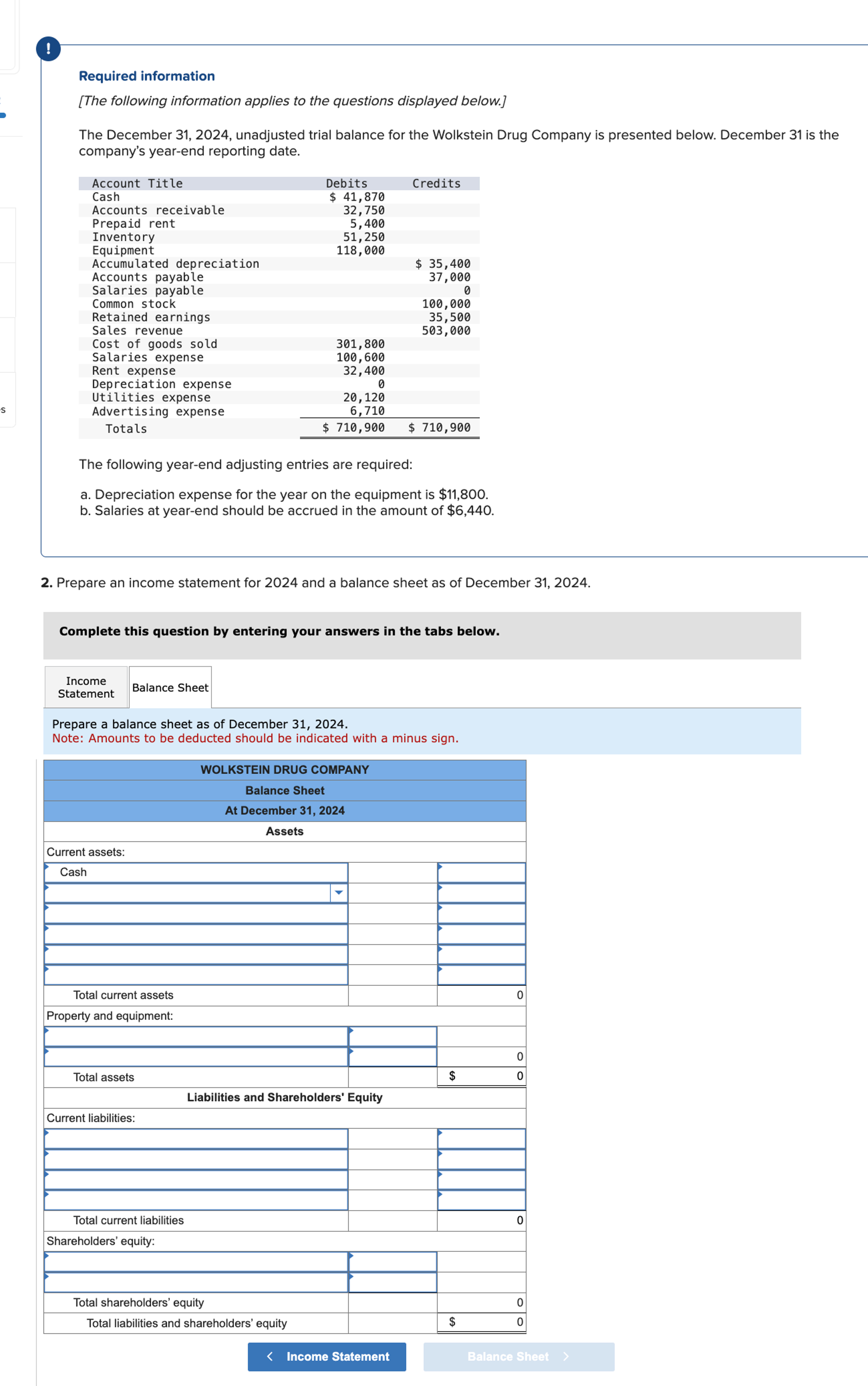 Solved Required information Prepare an income statement for | Chegg.com