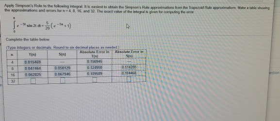 Solved Apply Simpson's Rule to the following integral. It is | Chegg.com
