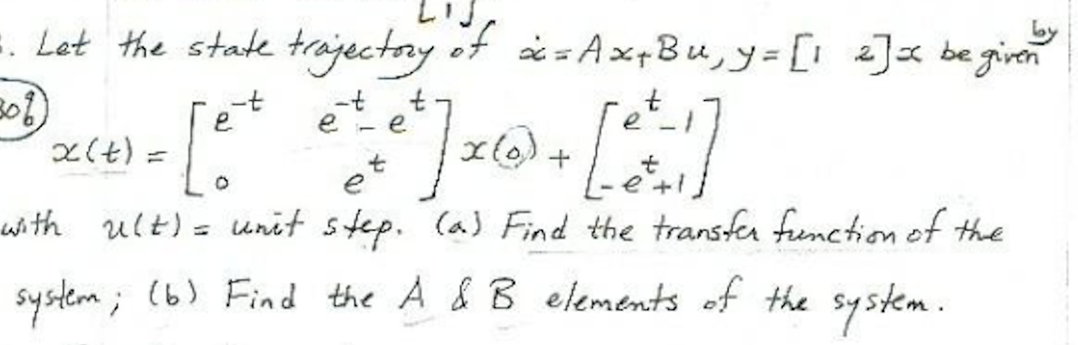 Solved Let the state trajectory of x˙=Ax+Bu,y=[12]x be given | Chegg.com