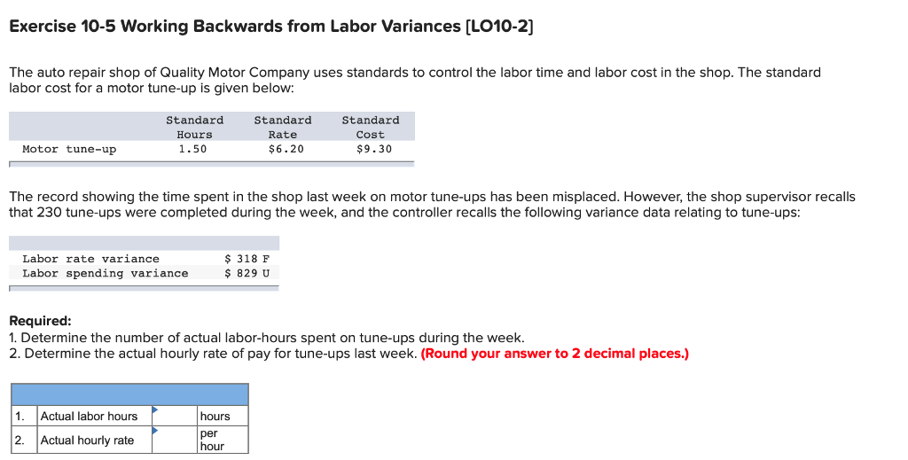 Solved Exercise 10-5 Working Backwards from Labor Variances | Chegg.com