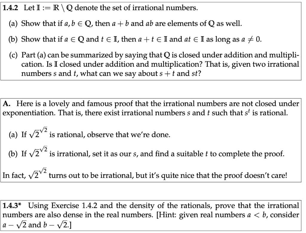Solved 1.4.2 Let I:=R\Q denote the set of irrational | Chegg.com