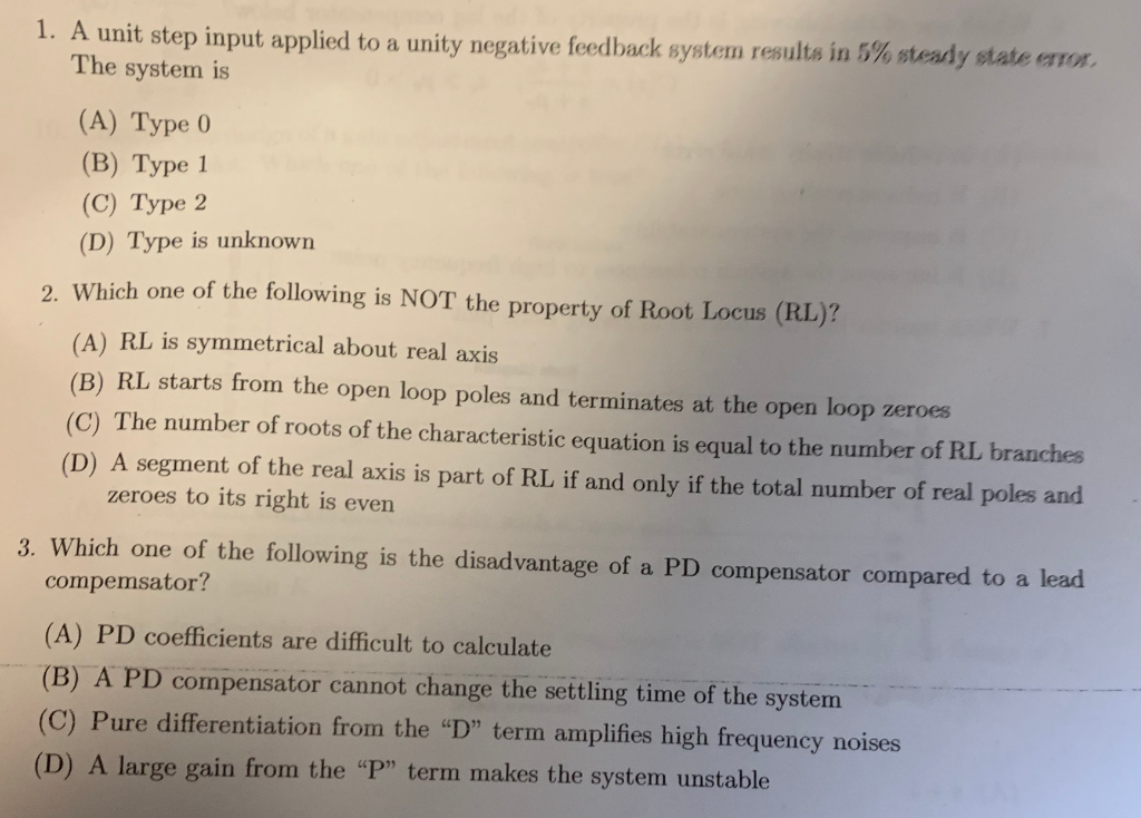 Solved 1. A unit step input applied to a unity negative | Chegg.com