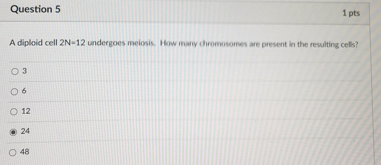Solved Question 5 1 pts A diploid cell 2N=12 undergoes | Chegg.com