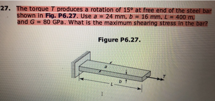 Solved 27. The torque T produces a rotation of 15° at free | Chegg.com
