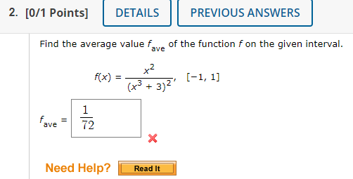 Solved Find the average value fave of the function f on the | Chegg.com