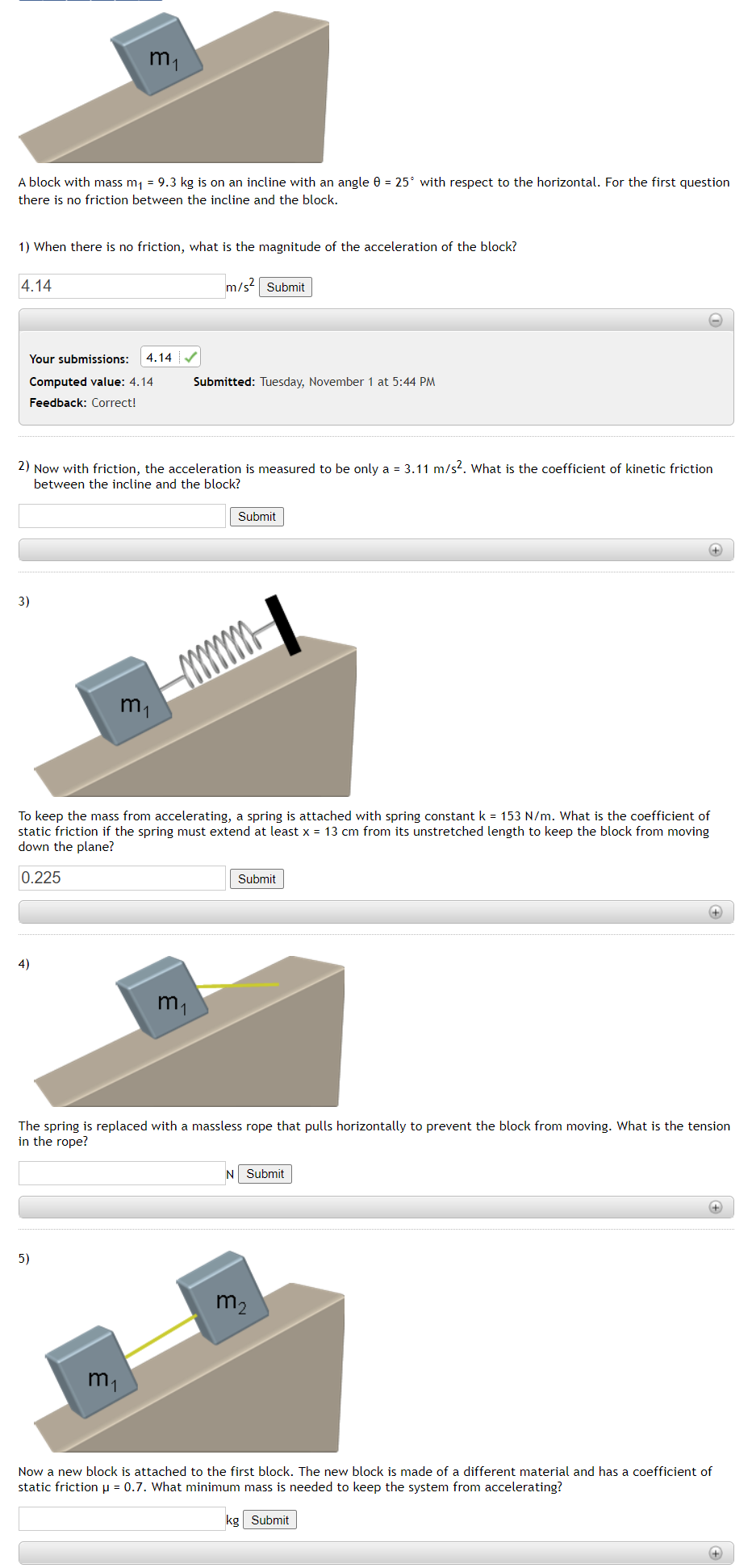 Solved A block with mass m1=9.3 kg is on an incline with an | Chegg.com