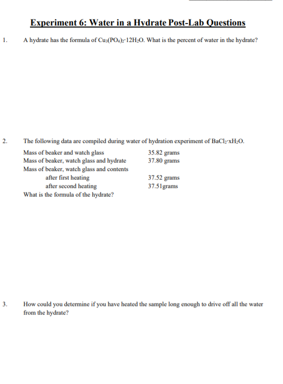 Experiment 6: Water of Hydration Procedure: Part A: | Chegg.com