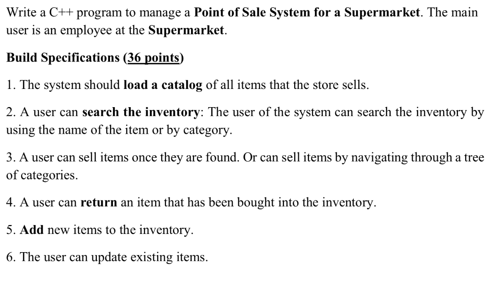 Write a C++program to manage a Point of Sale System | Chegg.com