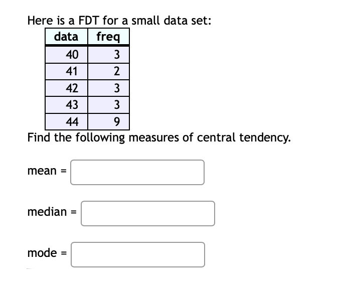 Solved Here is a FDT for a small data set: data freq 40 3 41 | Chegg.com