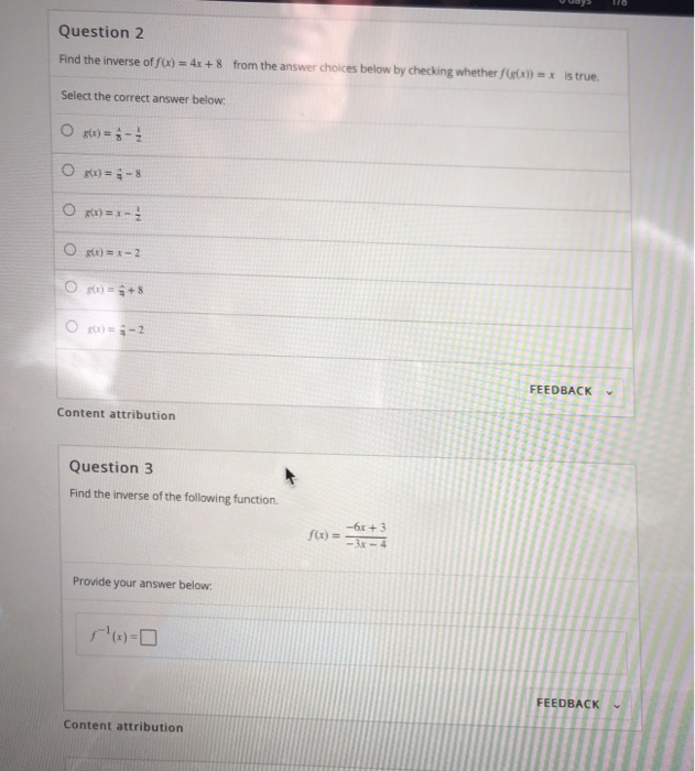 Solved Question 2 Find the inverse of f(x) - 4x +8 from the | Chegg.com