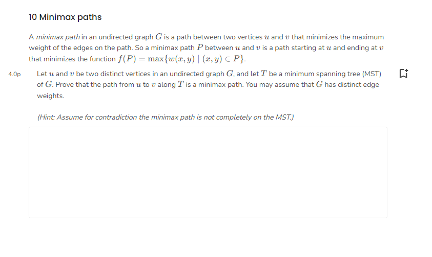 Solved 10 Minimax paths A minimax path in an undirected | Chegg.com